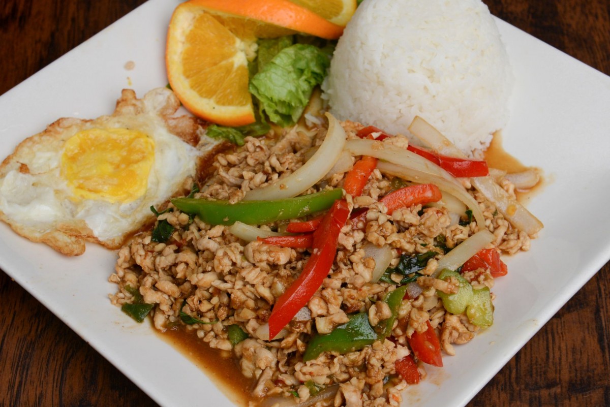 Pad Kra Paw Over Rice with Fried Egg Combo Today